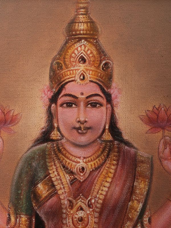 Devi Lakshmi Seated on Lotus | Framed Oil Painting | Exotic India Art
