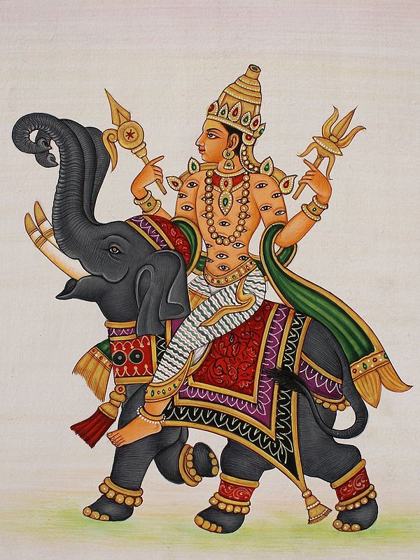 Indra with Thousand Eye Seated on Airavat | Exotic India Art