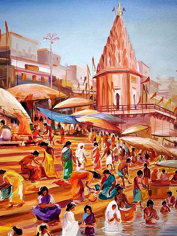 Morning at Banaras Ghat | Painting by Samiran Sarkar | Exotic India Art