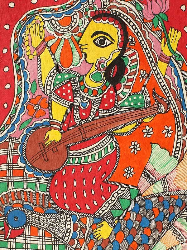 Goddess Saraswati with Swan | Madhubani Painting | Exotic India Art