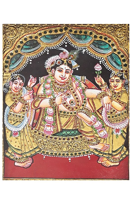 Lord Krishna With Rukmini And Satyabhama Tanjore Painting | Traditional Colors With 24K Gold ...