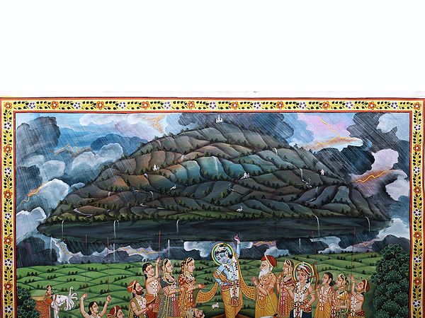 Shri Krishna Lifting The Govardhana Mountain | Exotic India Art