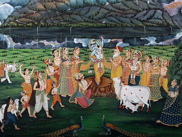 Shri Krishna Lifting The Govardhana Mountain | Exotic India Art