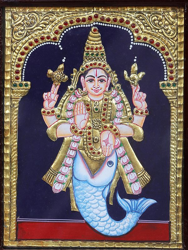 Matsya Avatar of Lord Vishnu Tanjore Painting | Traditional Colors with ...