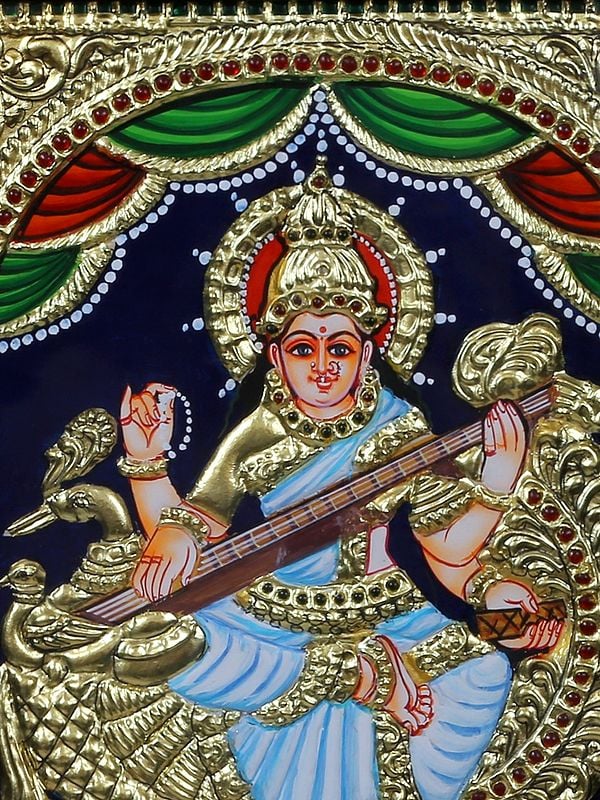 Goddess Saraswati with Swan Tanjore Painting | Traditional Colors with 24 Karat Gold | With ...