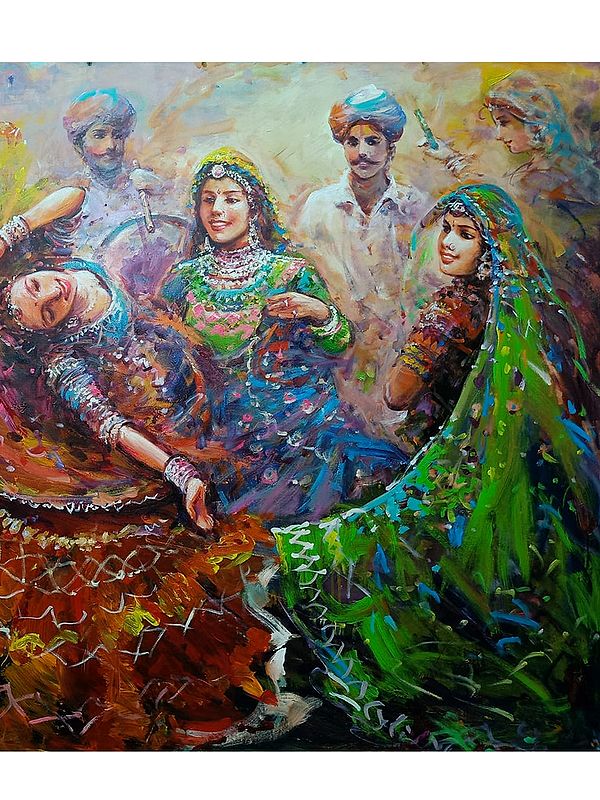The Women in Ghoomar Celebration Painting | Exotic India Art