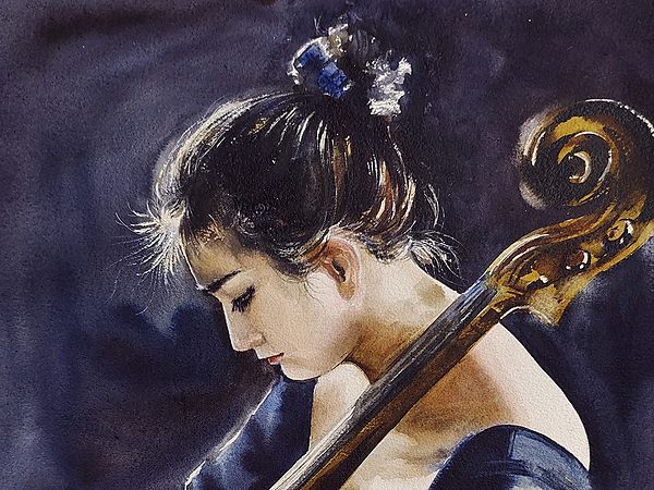 Lady Playing Cello | Watercolor Painting | Exotic India Art