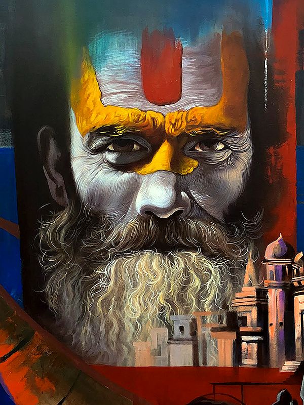 Sadhu with Tilak and Banaras Ghat | Painting by MK Goyal | Exotic India Art