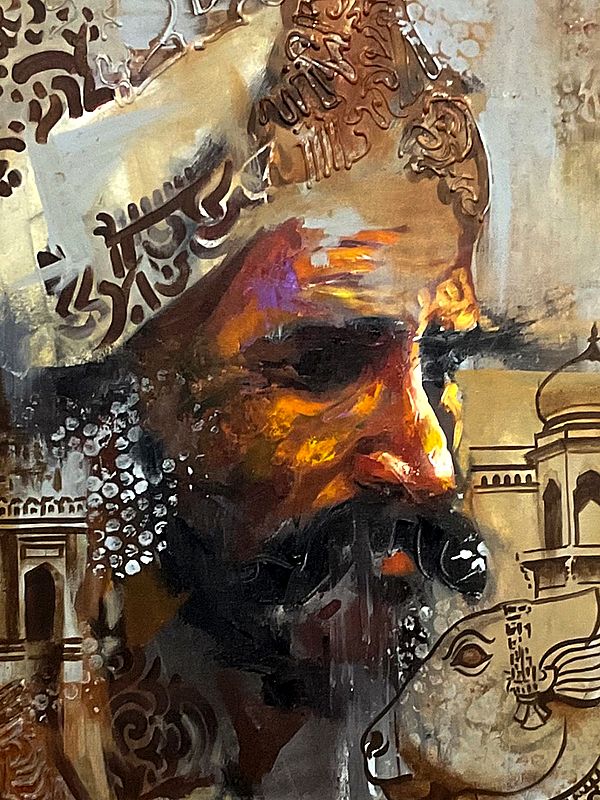 Sacred Sadhu with Nandi | MK Goyal | Mix Media on Canvas | Exotic India Art