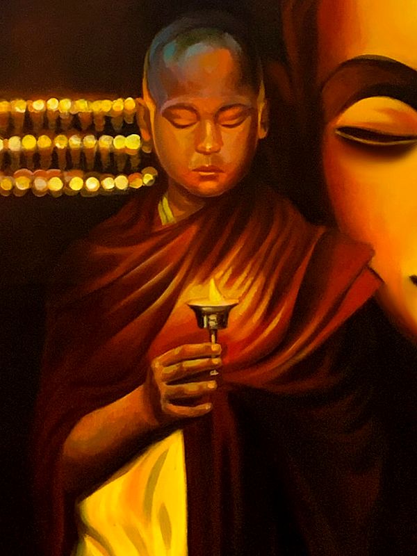 Buddha Worshiped by a Monk | Painting by MK Goyal | Exotic India Art