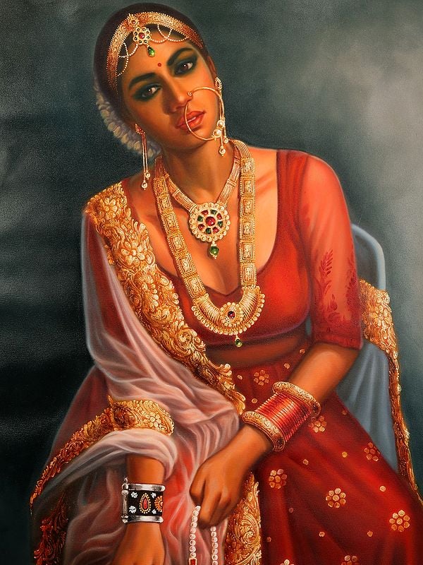 Love Lorn Lady Oil Painting on Canvas | Without Frame | Exotic India Art Love Lorn Lady Oil Painting on Canvas | Without Frame | Exotic India Art