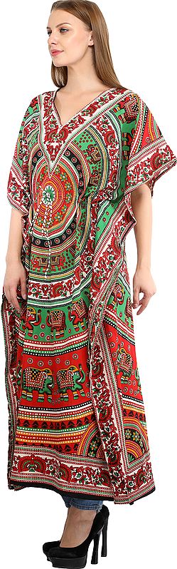 Long Printed Kaftan with Printed Colorful Florals and Elephants ...