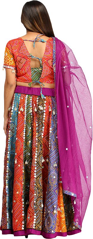 Multi-Colored Ghagra Choli From Rajasthan with Chunri Print and Hanging ...