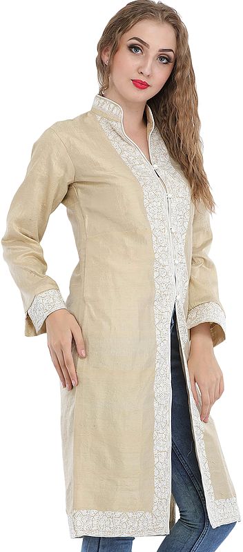 Antique-White Long Jacket from Kashmir with Aari Hand-Embroidery on ...