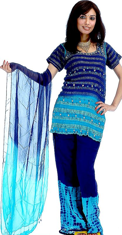 Blue Batik Dyed Parallel Suit with Floral Sequins | Exotic India Art