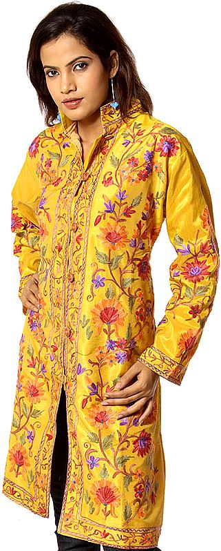 Mustard Long Silk Jacket with Multi-Color Aari Embroidery | Exotic ...