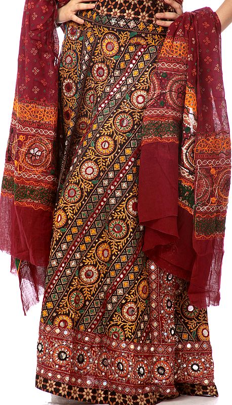 Maroon Ghagra Choli from Kutch with Embroidered Sequins and Embroidery ...