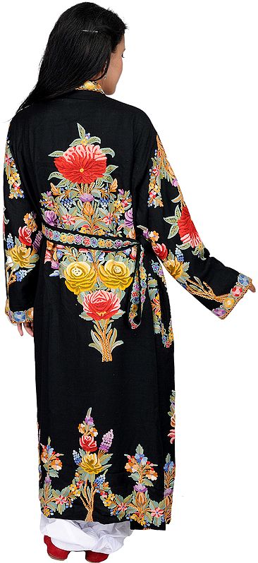 Black Evening Robe from Kashmir with Hand-Embroidered Flowers | Exotic ...
