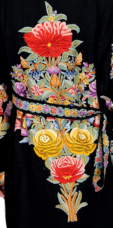 Black Evening Robe from Kashmir with Hand-Embroidered Flowers | Exotic ...