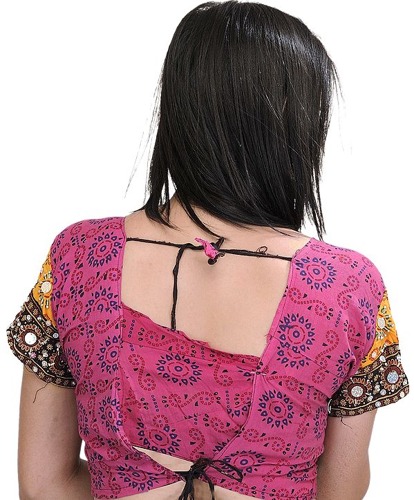 Raspberry-Pink Deep-Neck Choli from Rajasthan with Sequins and Beads ...