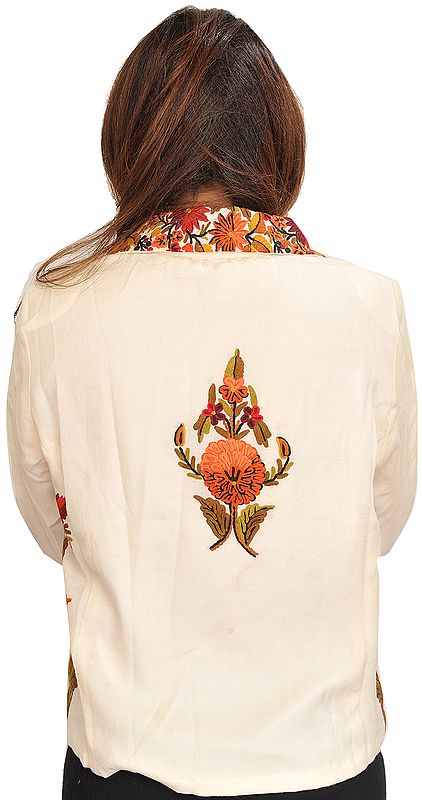 Winter-White Kashmiri Short Jacket with Aari Hand-Embroidered Flowers ...