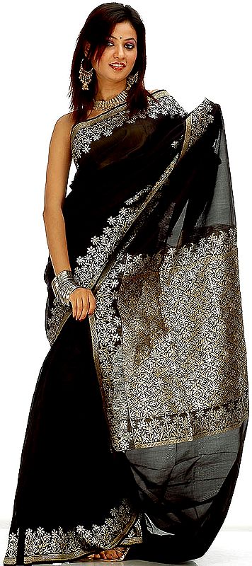 Black Handwoven Valkalam Sari with Silver and Golden Thread Weave ...