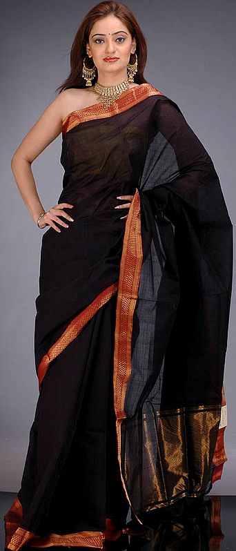 Black Mangalgiri Sari with Golden Zari Border | Exotic India Art
