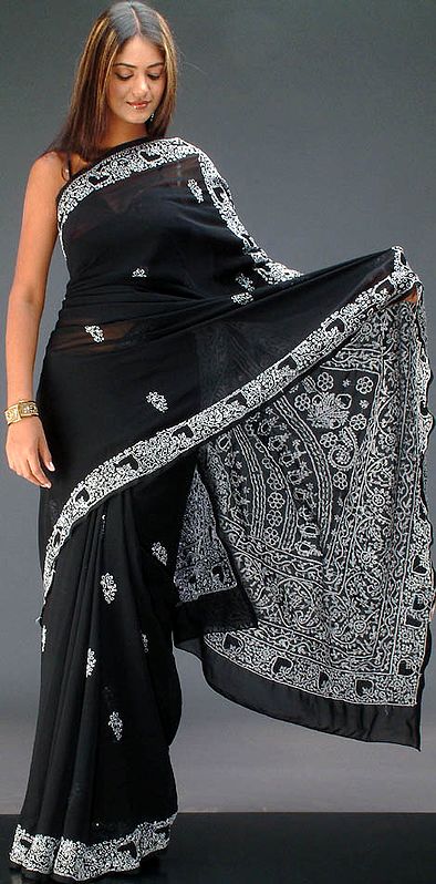 Black Sari with Chikankari Embroidery | Exotic India Art