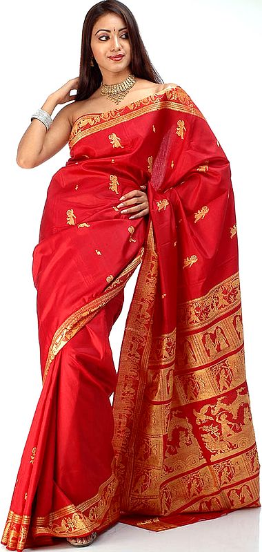 Crimson Baluchari Sari from Bengal | Exotic India Art
