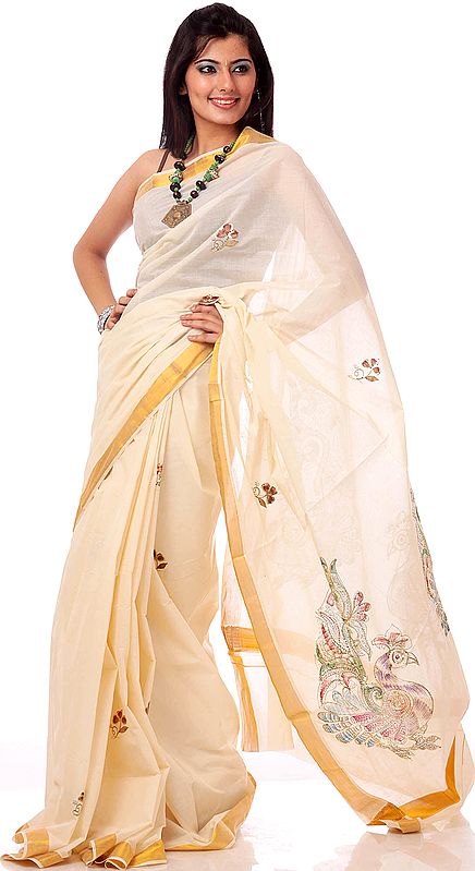 Ivory Kasavu Cotton Sari from Kerala with Painted Peacocks and Sequins ...