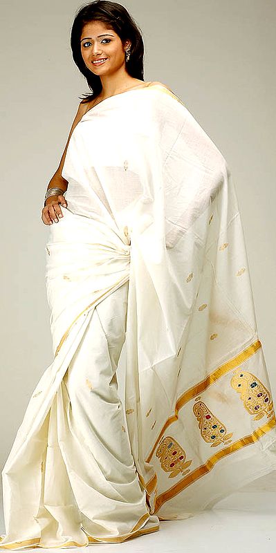 Kasavu Cotton Sari from Kerala | Exotic India Art