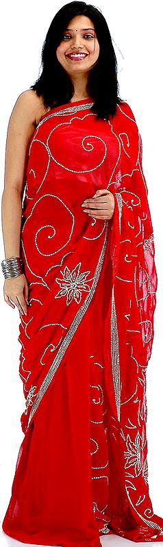 Red Designer Sari with All-Over Beads and Sequins | Exotic India Art