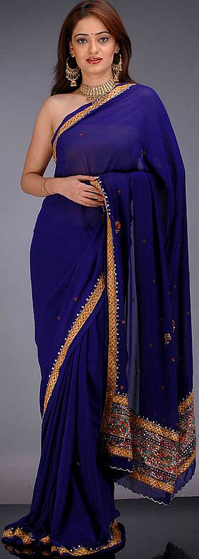 Royal-Blue Sari with Beadwork and Sequins | Exotic India Art