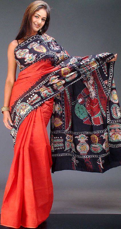 Rust Color Sari with Auspicious Motifs | Exotic India Art
