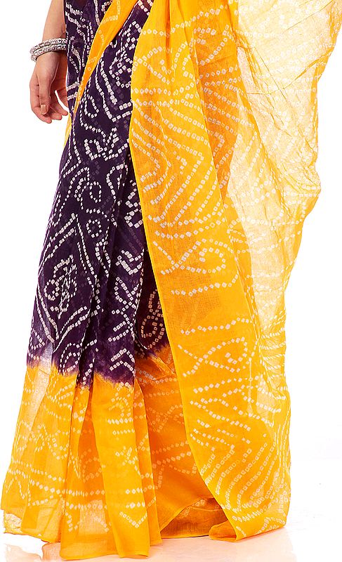 Purple and Yellow Bandhani Tie-Dye Sari from Gujarat | Exotic India Art