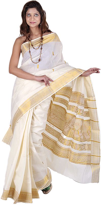 Ivory Kasavu Sari from Kerala with Woven Peacocks and Sequins | Exotic ...