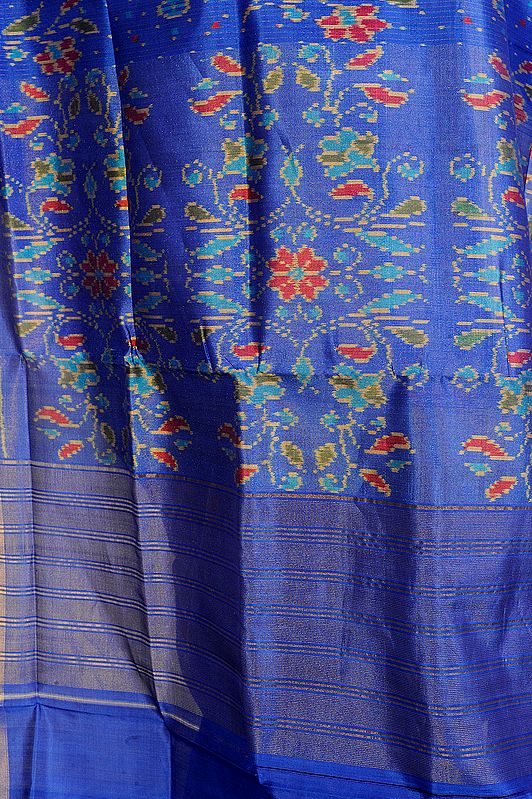 True-Blue Patan Patola Ikat Sari From Gujarat with Woven Flowers ...