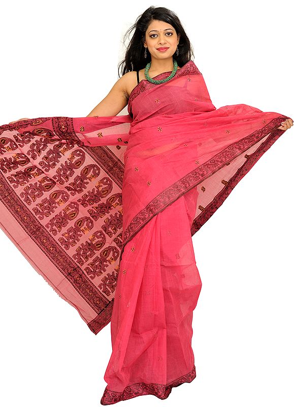 Pink-Flambe Tangail Sari from Bengal with Woven Bootis and Paisleys on ...