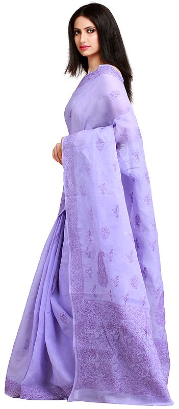 Sweet-Lavender Sari from Lucknow with Chikan Embroidery by Hand ...