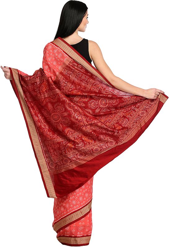 Spiced-Coral and Maroon Sambhalpuri Handloom Sari from Orissa with Ikat ...