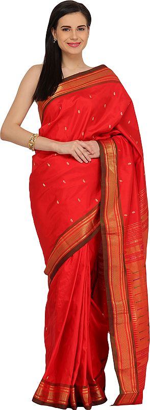 Poppy-Red Paithani Sari with Hand-Woven Peacocks on Pallu | Exotic ...