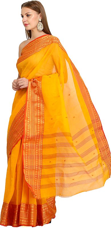 Radiant-Yellow Tangail Sari from Kolkata with Woven Bootis and Zari ...