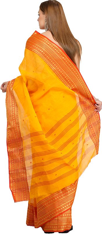 Radiant-Yellow Tangail Sari from Kolkata with Woven Bootis and Zari ...