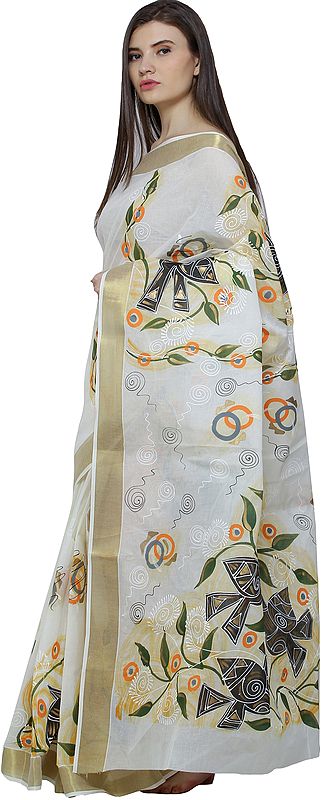 Off-White Hand-Painted Sari from Kolkata with Zari Thread Woven Border ...