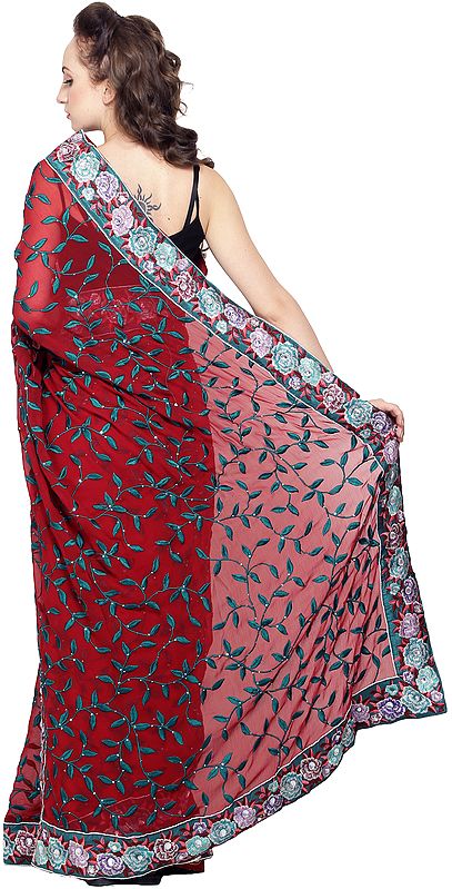 Deep-Claret Georgette Sari with Stones Embellished Floral Patch Border ...