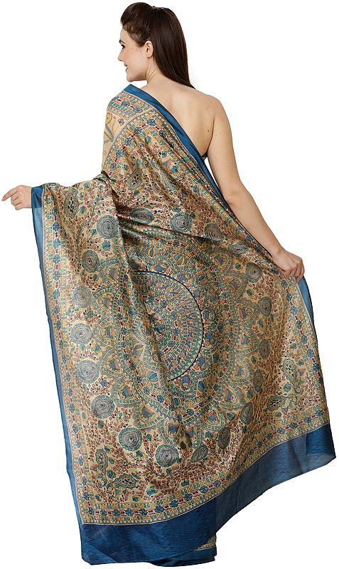 Deep-Water Sari with Printed Madhubani Motifs and Kohbar on Pallu ...