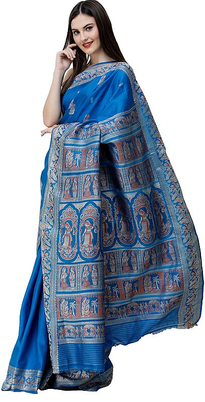 Diva-Blue Baluchari Sari from Bengal with Woven Wedding Rituals on ...