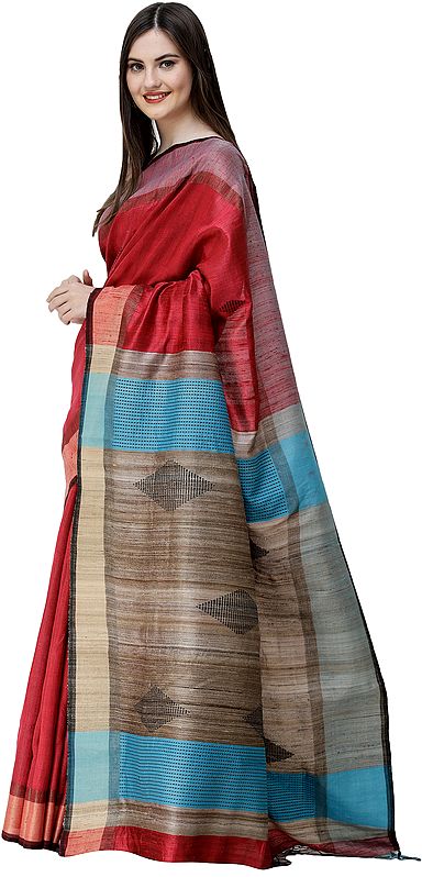 Garnet-Pose Kosa Sari from Jharkhand with Straight-stitch on Pallu and ...