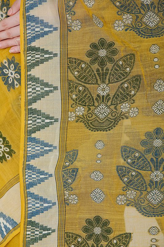Tangail Sari from Kolkata with Woven Flowers on Anchal | Exotic India Art