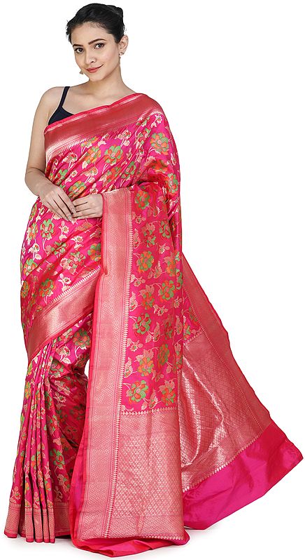 Pink-Peacock Handloom Banarasi Sari with Brocaded Hand-woven Kadhwa ...